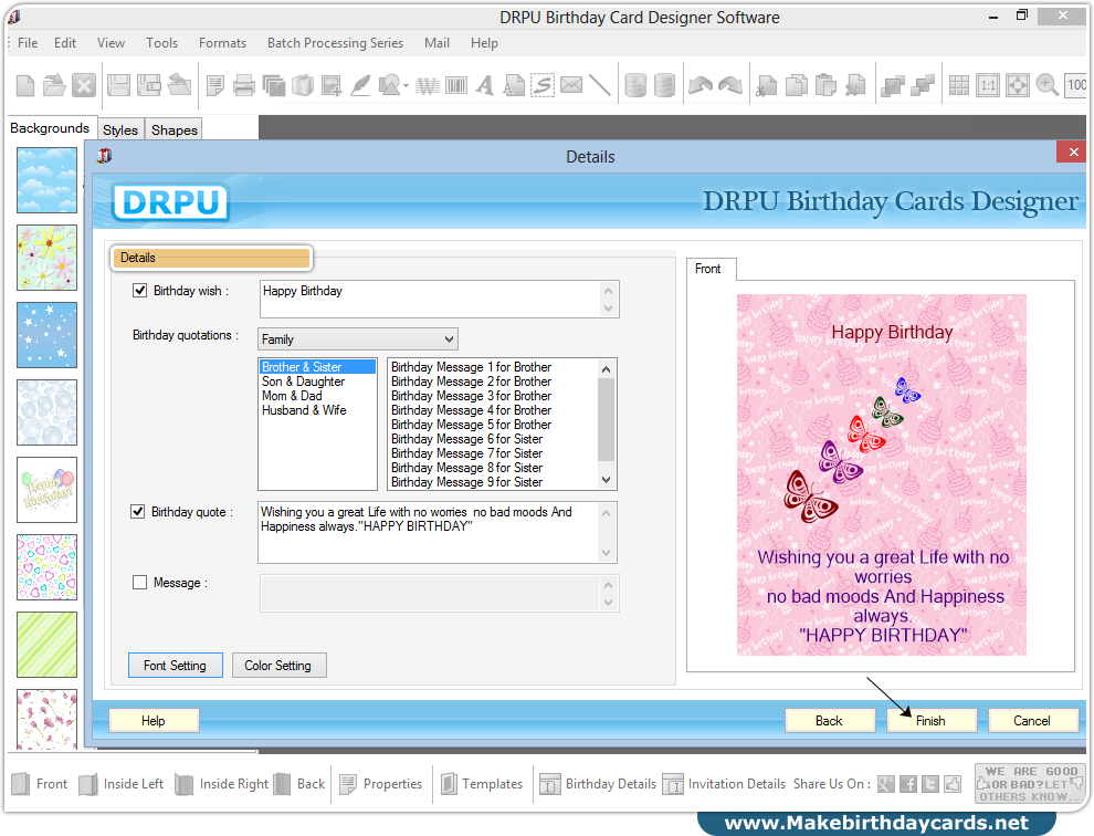 Screenshots of birthday cards designing software to design birthday cards